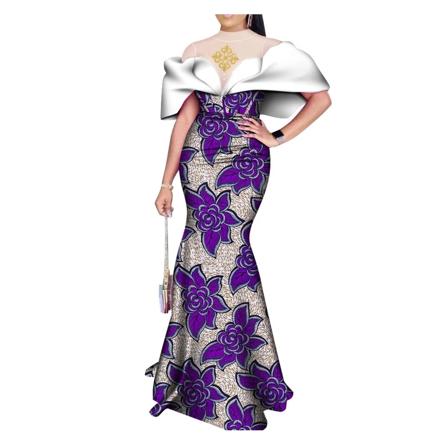 BAZINRICHE Women's African Print Dress Floor Length Short Puff Sleeved ...