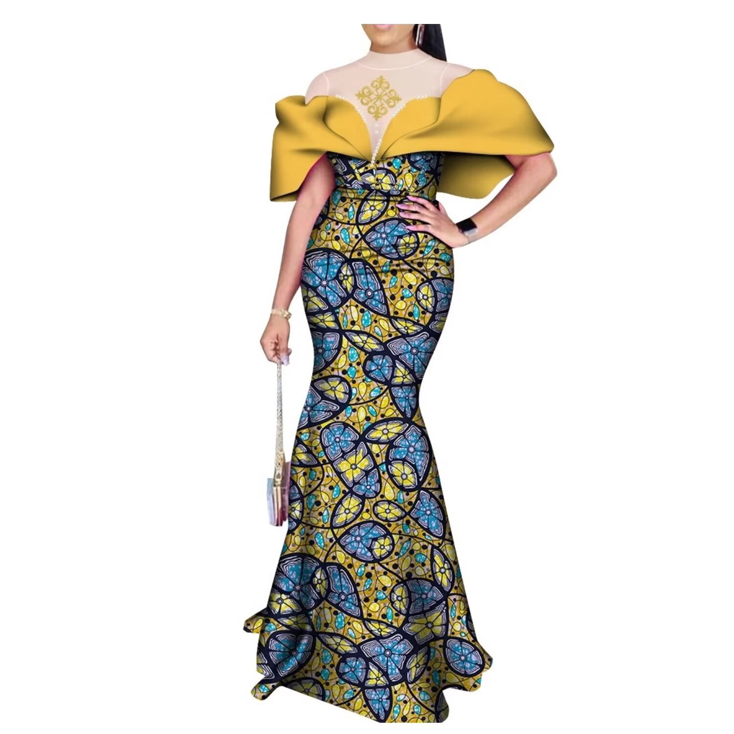 BAZINRICHE Women's African Print Dress Floor Length Short Puff Sleeved ...