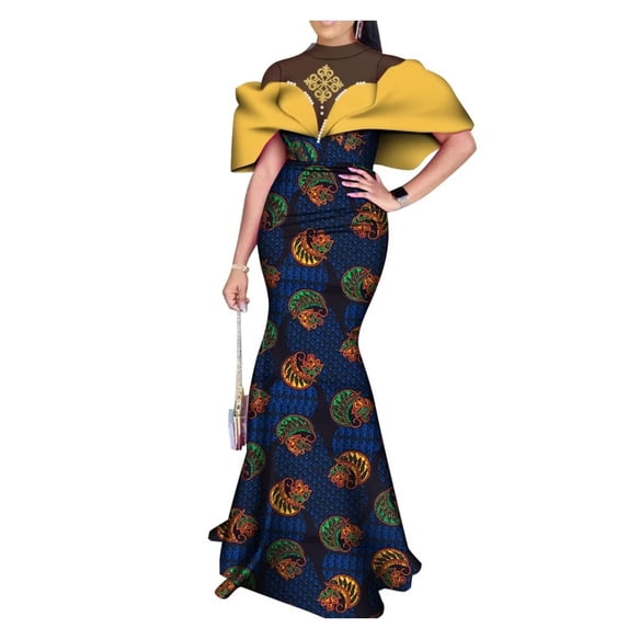 BAZINRICHE Women's African Print Dress Floor Length Short Puff Sleeved ...