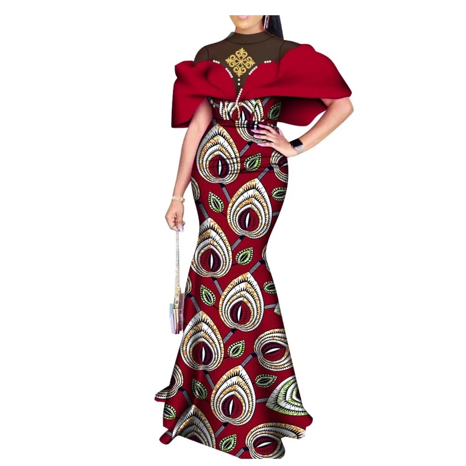 BAZINRICHE Women's African Print Dress Floor Length Short Puff Sleeved ...
