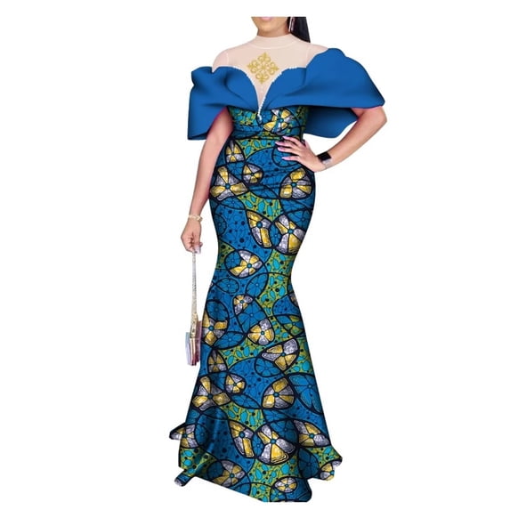 BAZINRICHE Women's African Print Dress Floor Length Short Puff Sleeved ...