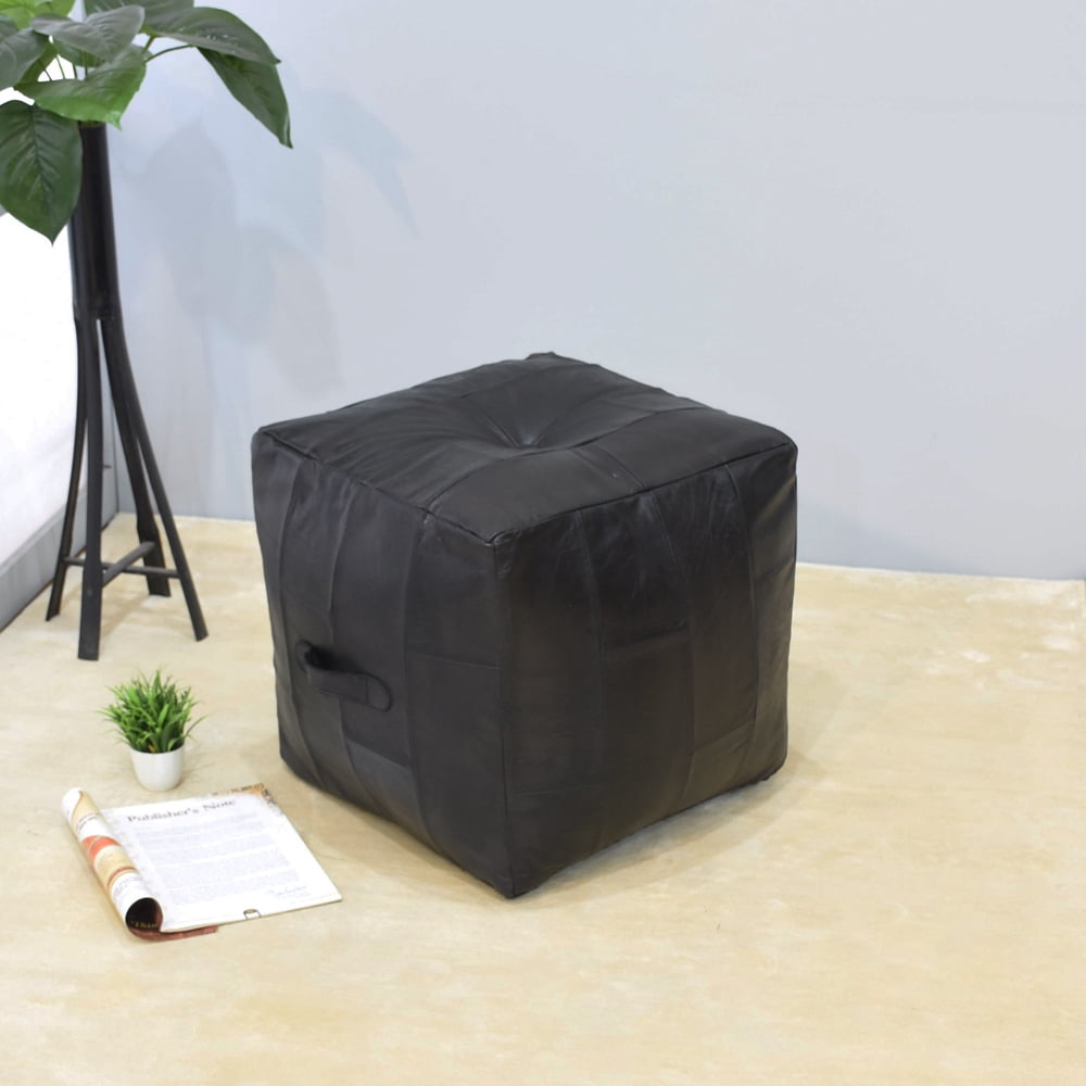 BBH Homes Black Leather Pouf Ottoman Handmade Buffalo Fiber Fill Model ...