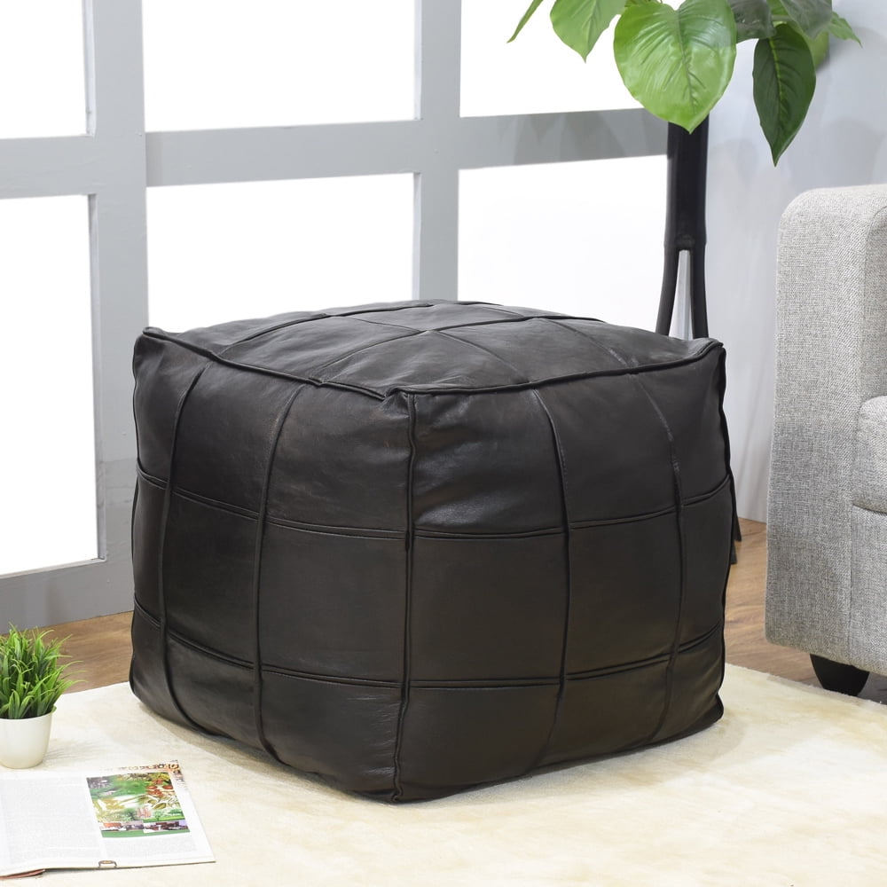 BBH Homes Black Leather Pouf Ottoman Square Shape Model BBBACPF0022 ...