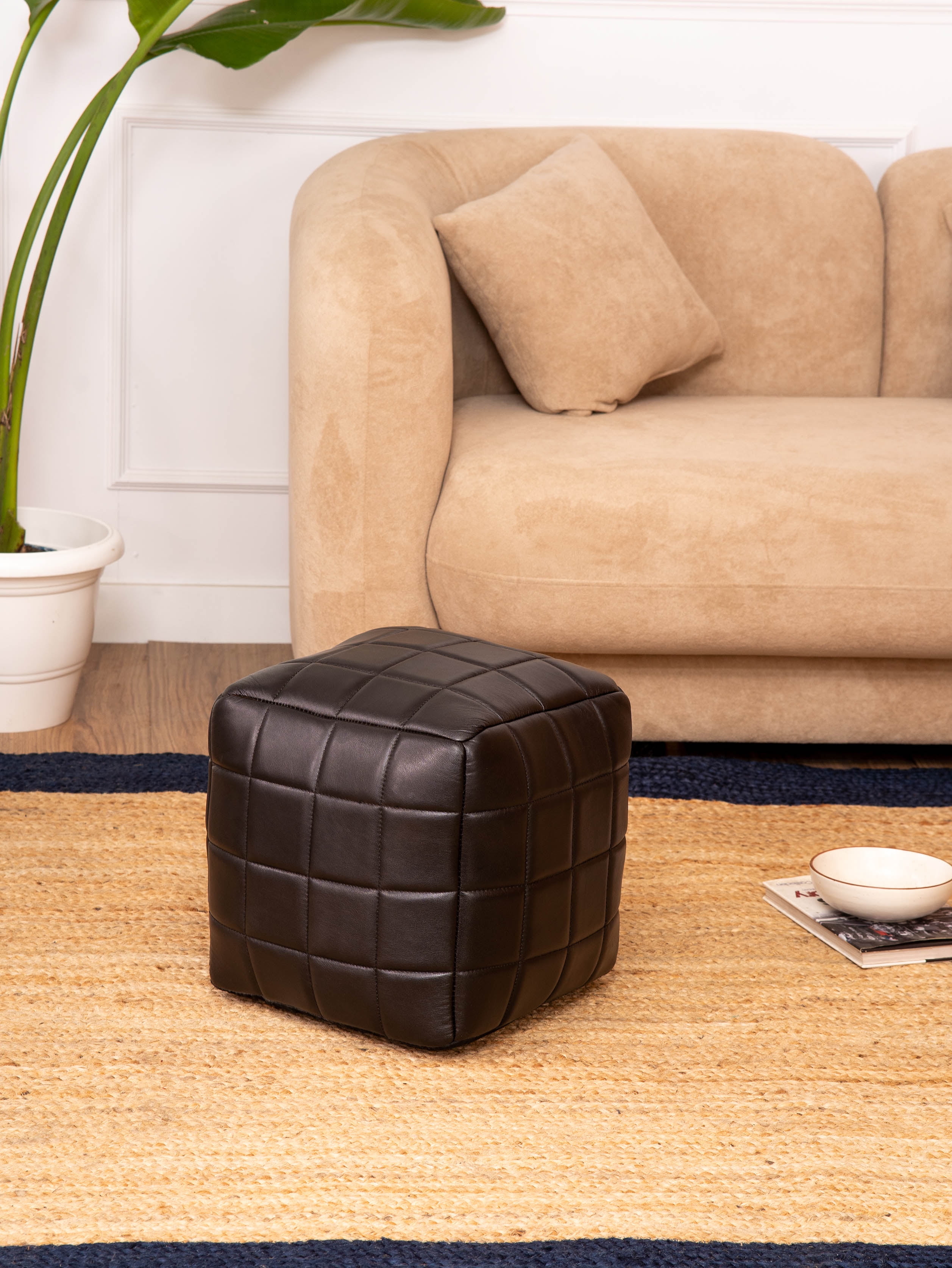 BBH Homes Handmade Black Leather Pouf Ottomans Square Goat Leather ...