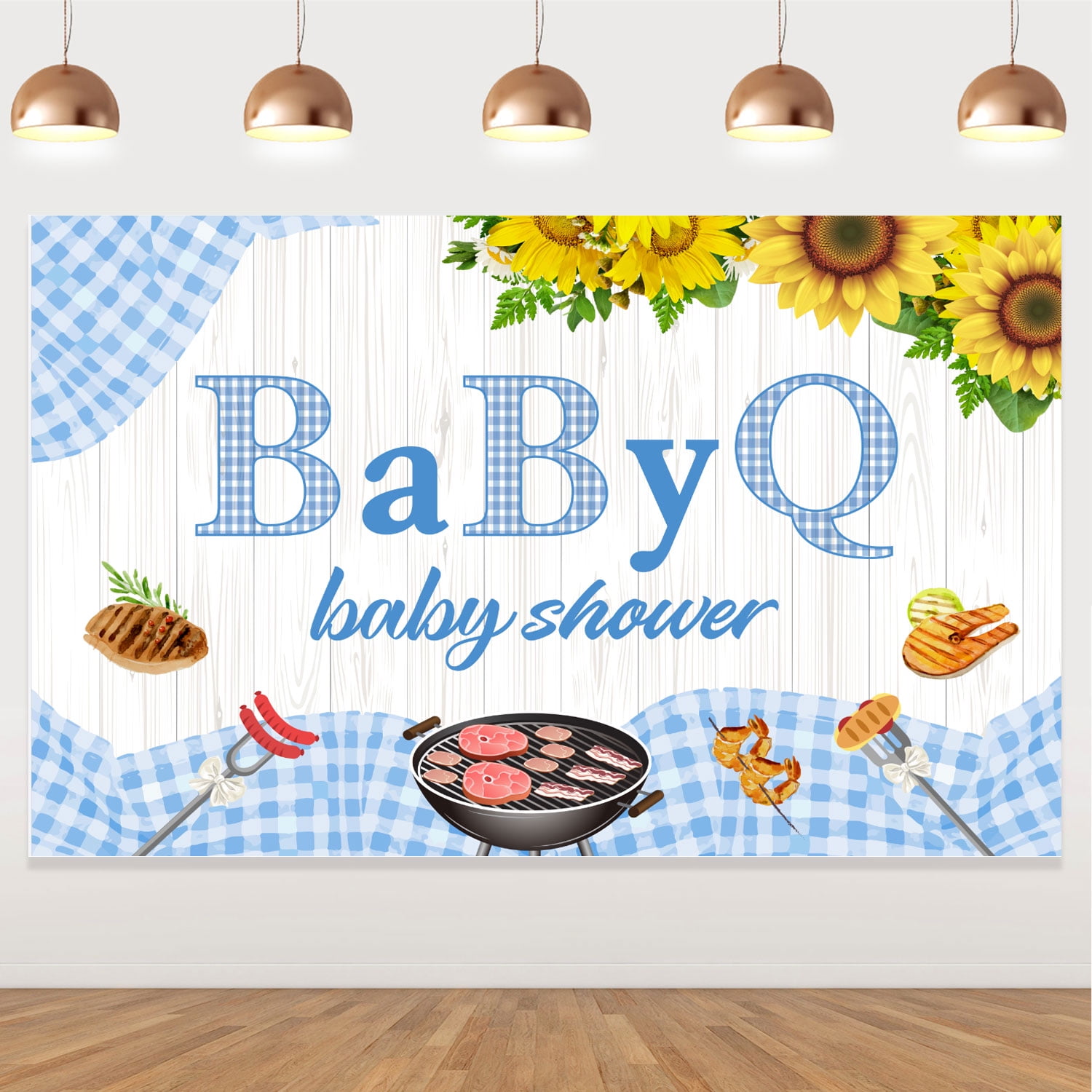BBQ Baby Shower Backdrop, Rustic Wood 'BabyQ' Banner for Boy, Sunflower ...