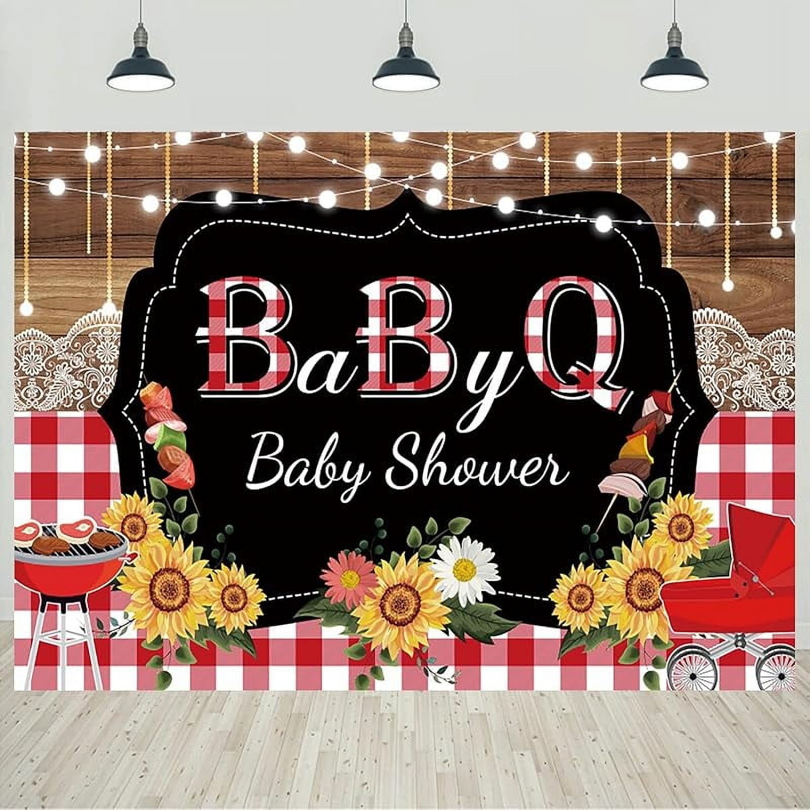 BBQ Baby Shower Backdrop Rustic Wooden Board Sunflowers Photography ...