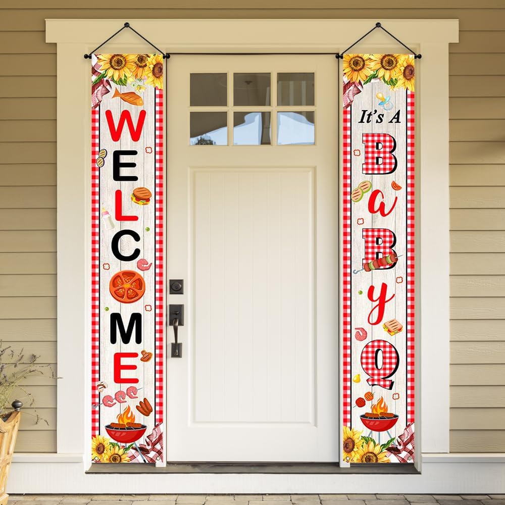 BBQ Baby Shower Porch Sign Banner It's A Baby Q Banner with Sunflower ...