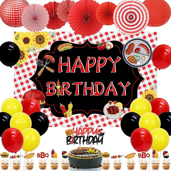 BBQ Birthday Party Decorations, Happy Birthday Backdrop Cake Topper BBQ ...