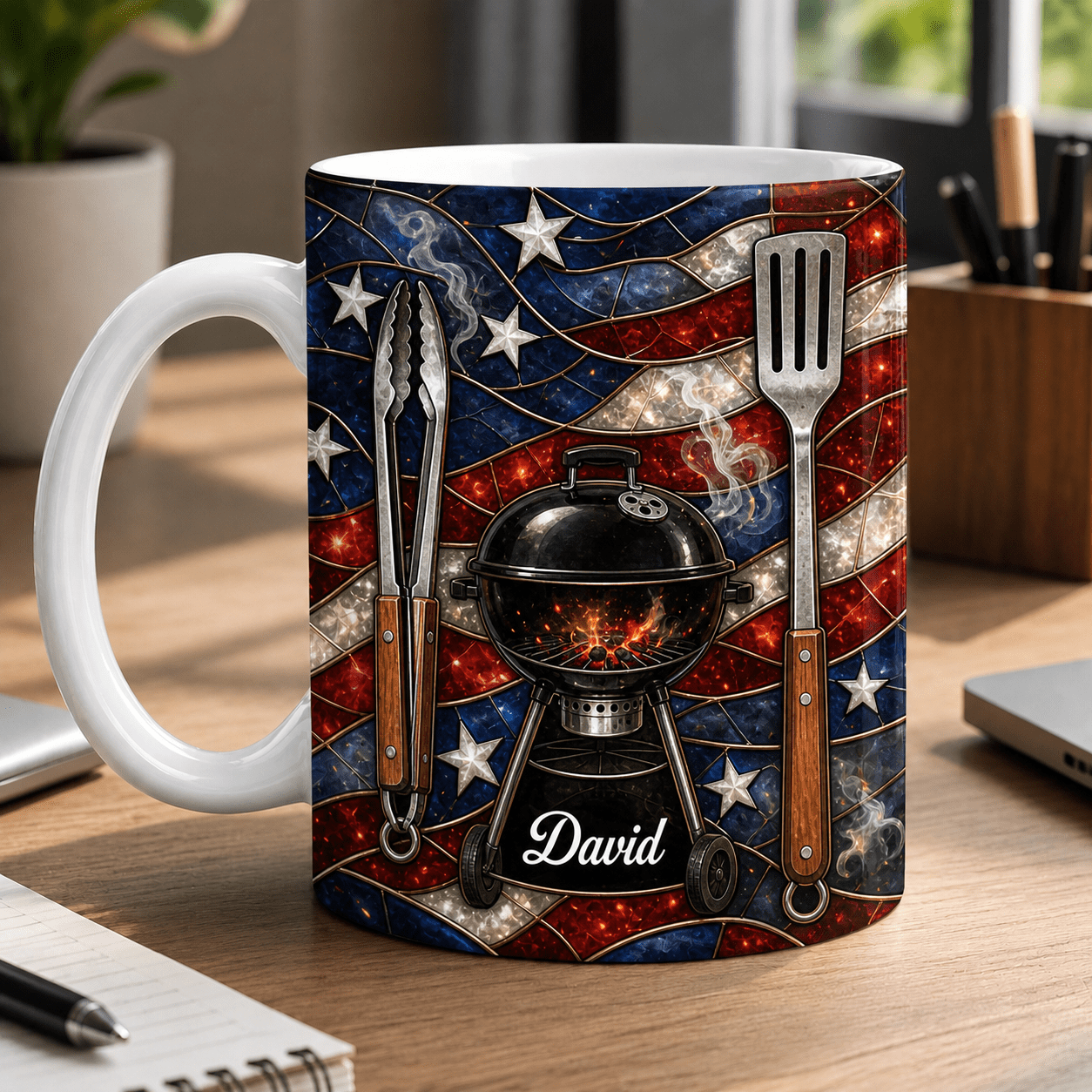 BBQ Dad Accent Mug, Patriotic Grill Coffee Cup with Tongs, Smoke ...