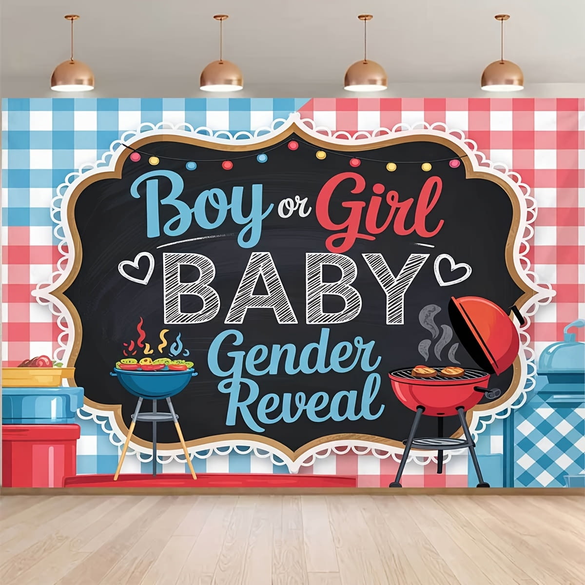 BBQ Gender Reveal Backdrop Red White Blue Checkered Lace Boy Or Girl ...