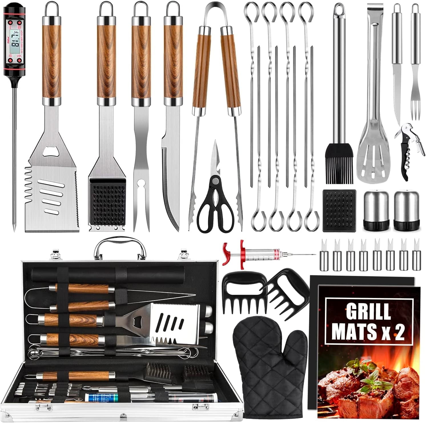 Mibote Stainless Steel BBQ Grill Accessories Set 38pcs with Aluminum Case and Long Handles ...