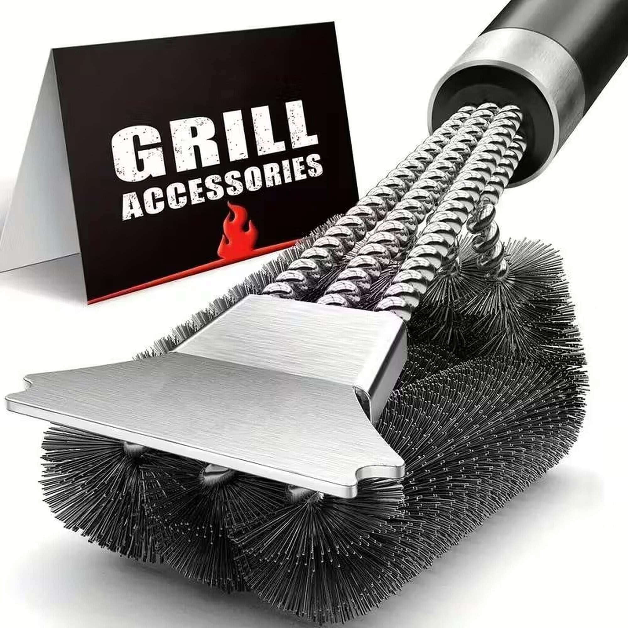 BBQ Grill Brush with Scraper Stainless Steel Triple Wire Bristle ...
