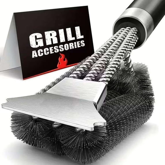 BBQ Grill Brush with Scraper Stainless Steel Triple Wire Bristle ...