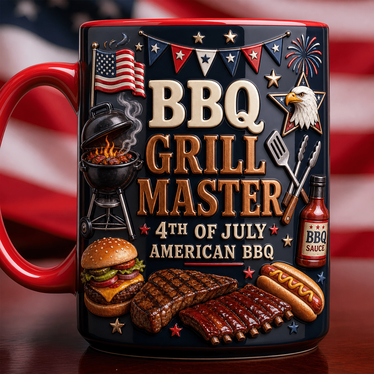 BBQ Grill Master 3D Effect Mug, American BBQ 4th of July Coffee Cup for ...