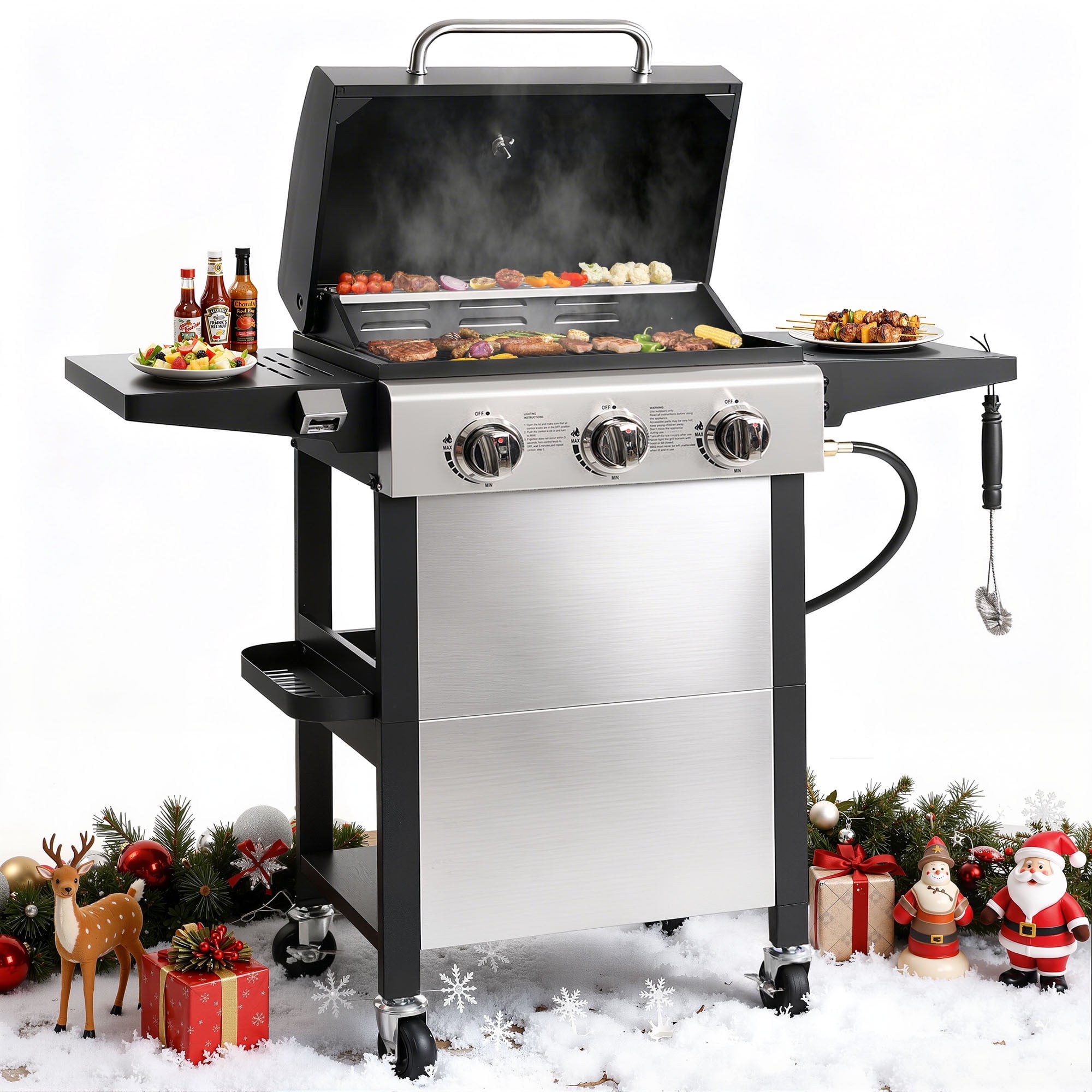Seizeen Propane BBQ Grill, 4 Burner, 34,200BTU, Stainless Steel with ...