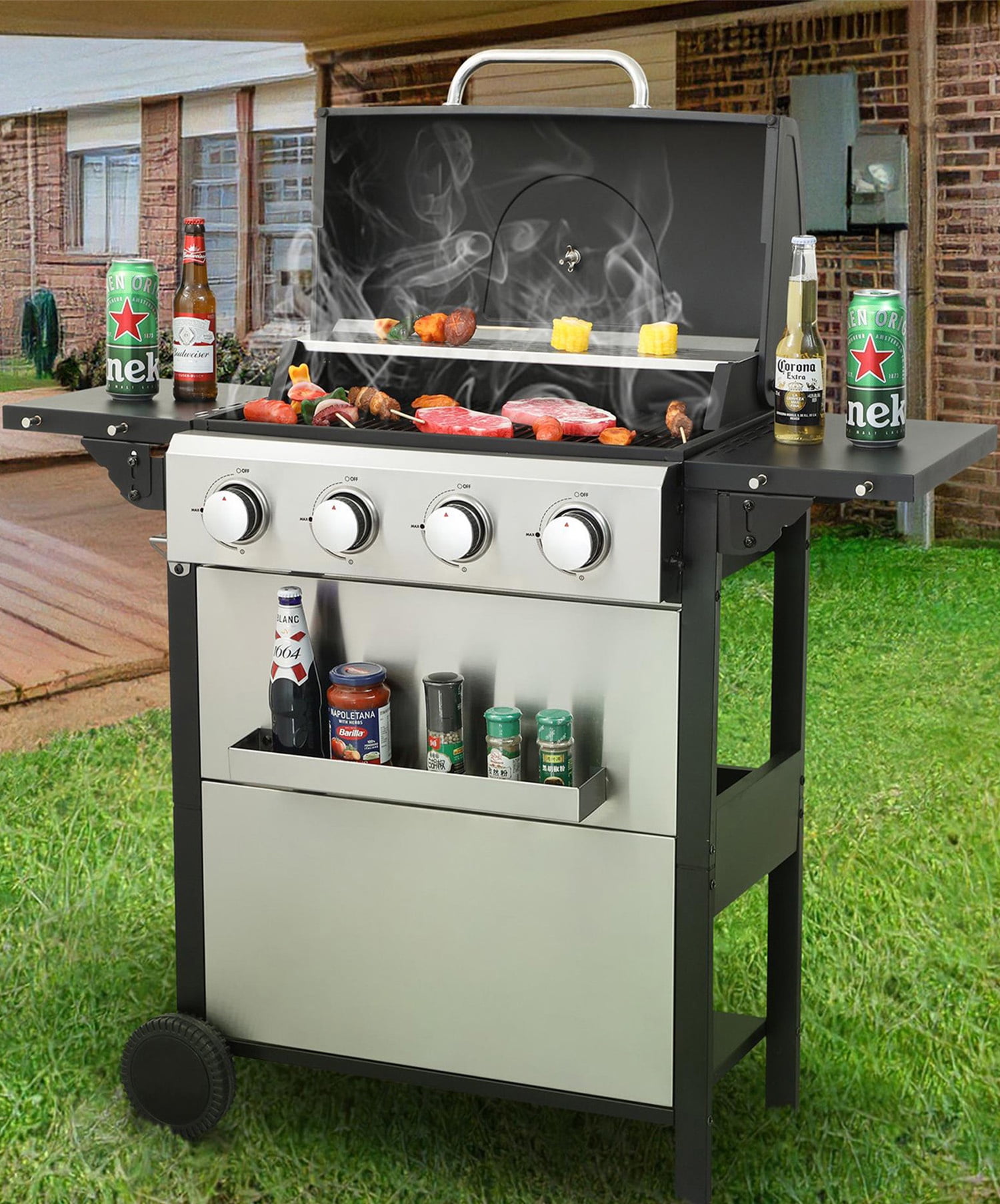 Seizeen Propane BBQ Grill, 4 Burner, 34,200BTU, Stainless Steel with ...