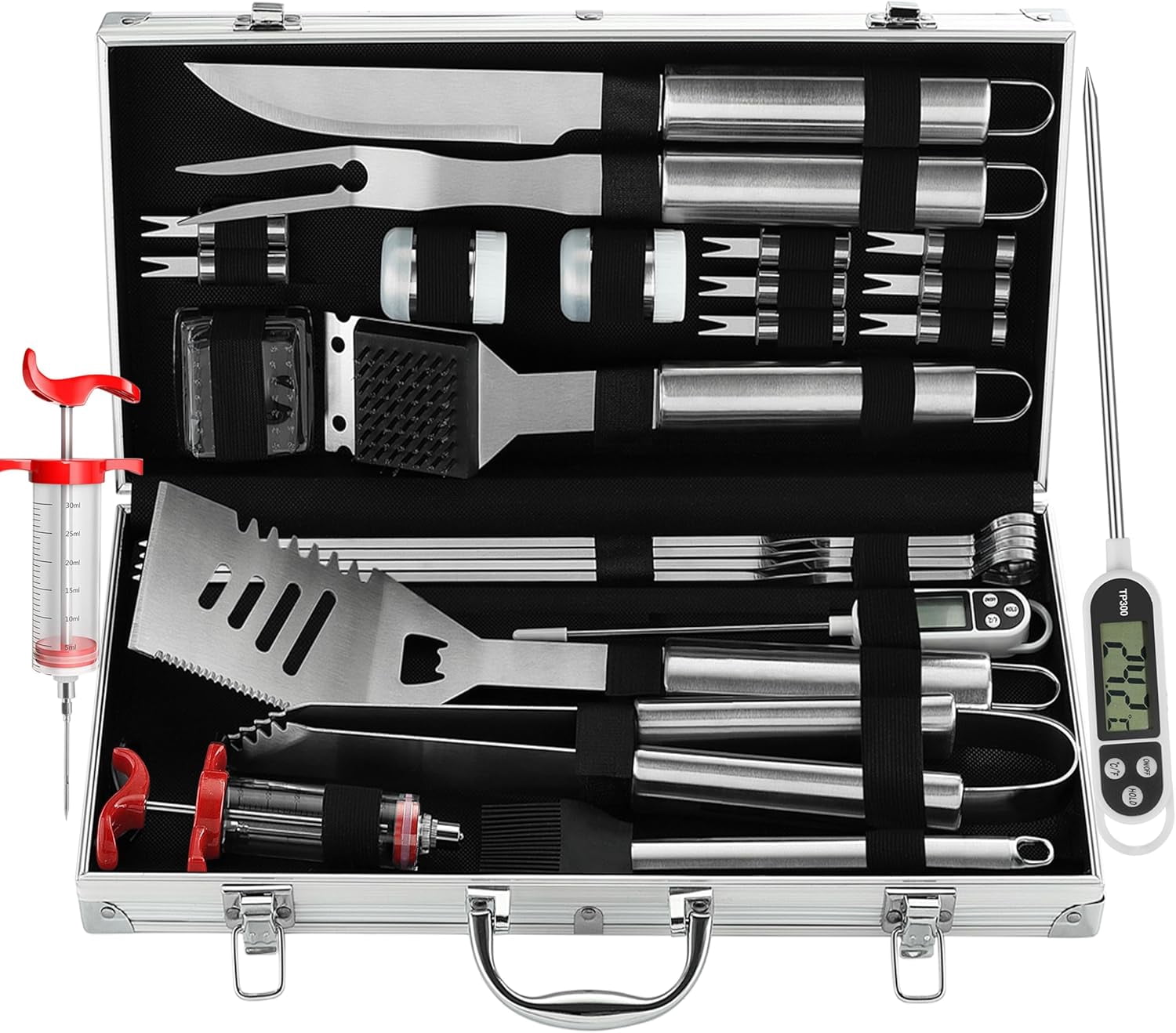 BBQ Grill Tools Set with Meat Thermometer and Injector - Extra Thick ...