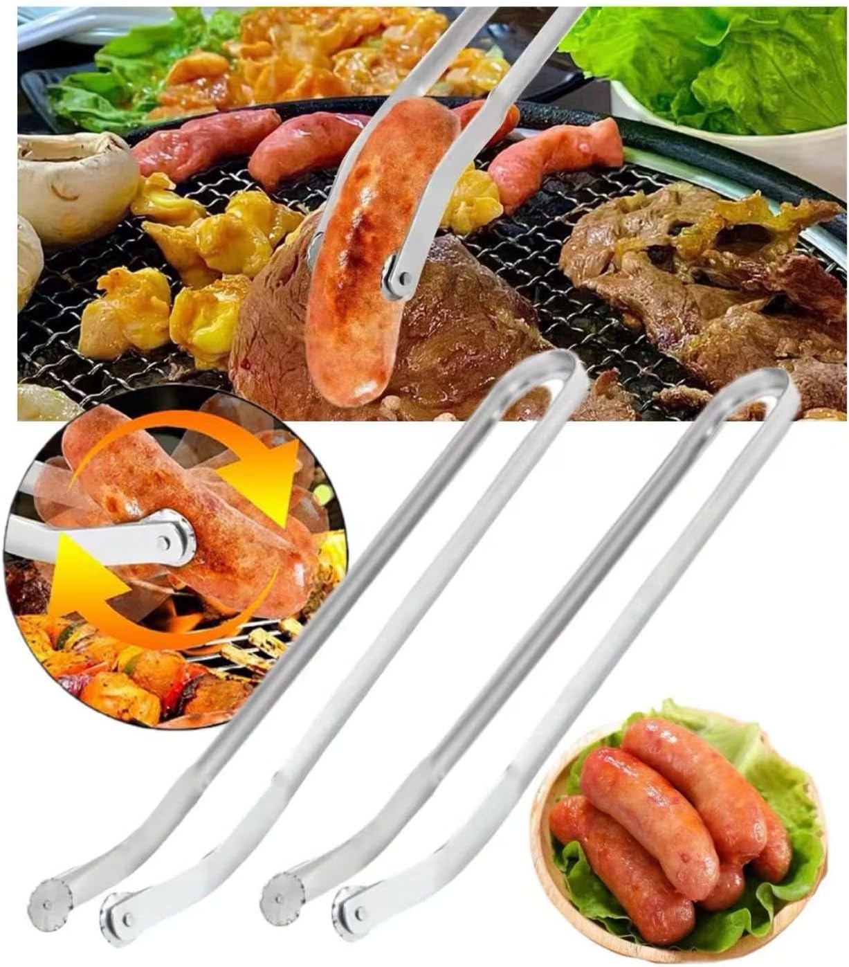 BBQ Sausage Turning Tongs,Hot Dog BBQ Tongs for Grill,Stainless Steel ...