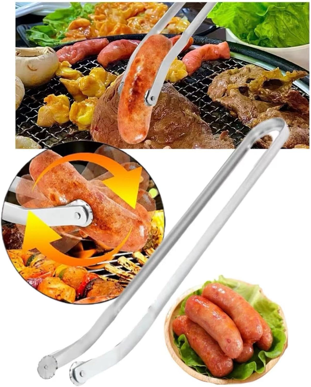 BBQ Sausage Turning Tongs,Hot Dog BBQ Tongs for Grill,Stainless Steel ...