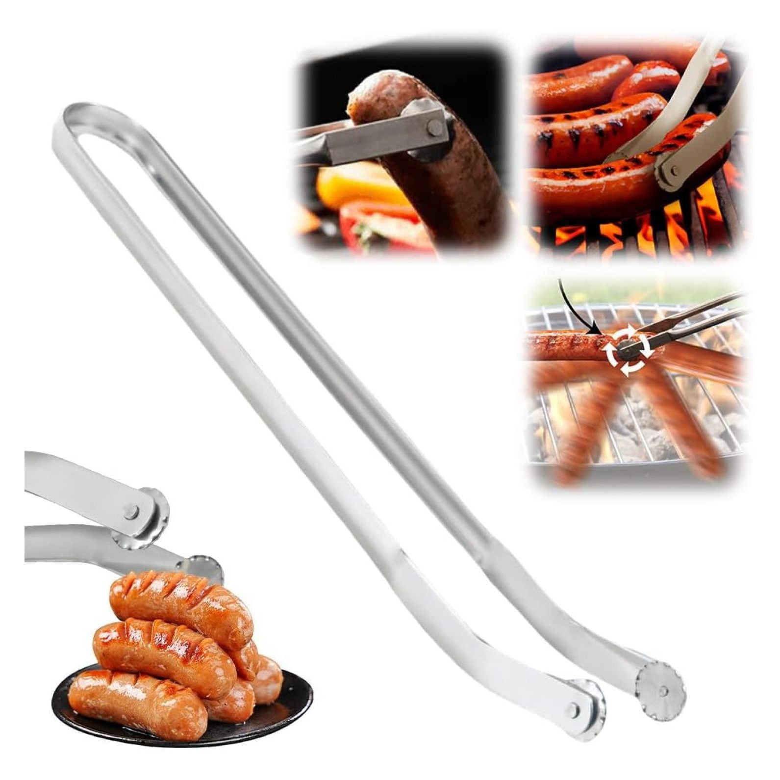BBQ Sausage Turning Tongs,Stainless Steel BBQ Grill Tongs Steak Clamps ...