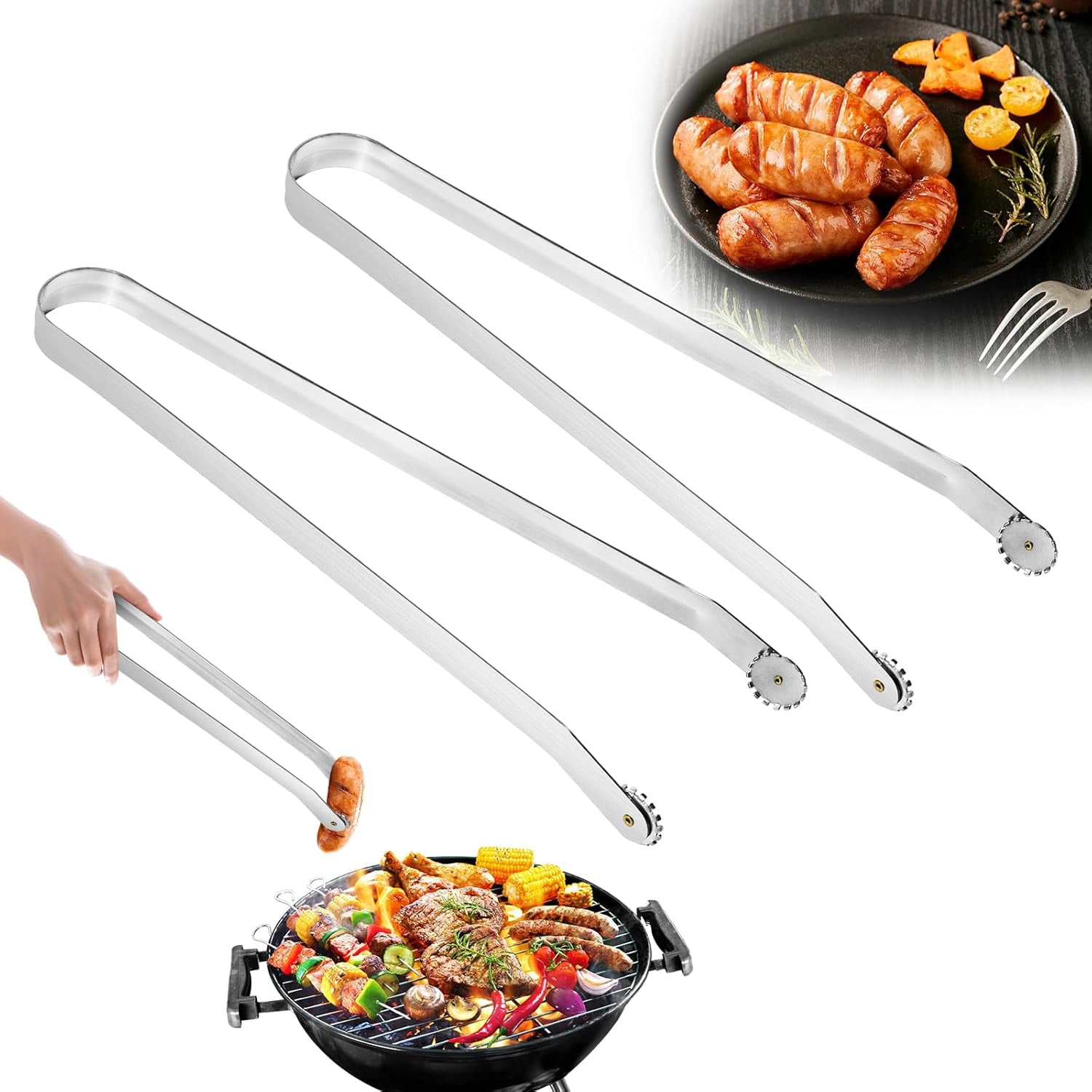 BBQ Sausage Turning Tongs for Cooking - 2 Pack Stainless Steel BBQ ...