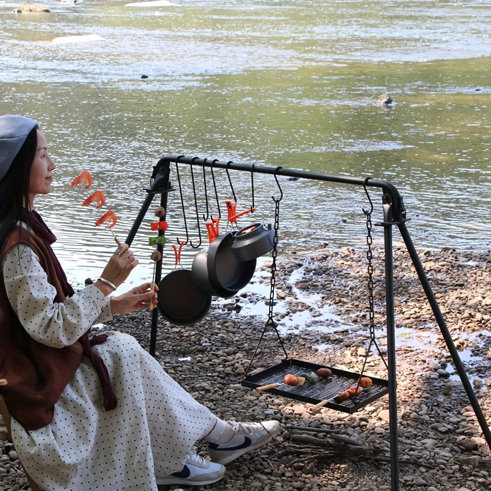 BBQ Swing Hanging Campfire Cooking Rack with Adjustable Iron Grill ...