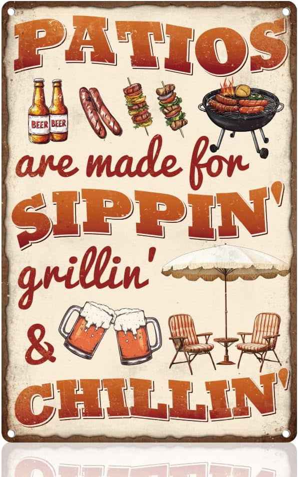 BBQ Terrace Grill Skewers Beer Tin Sign Wall Decor Patios Are Made DIY ...