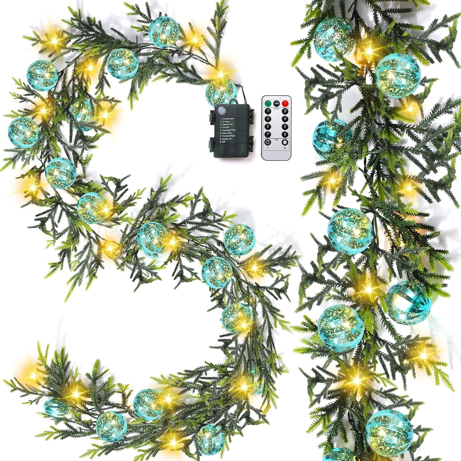 BBTO 2 Pcs Prelit Christmas Garland with 20 LED Lights, 12FT Battery ...