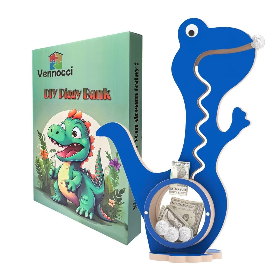 Heeneeso Blue Wooden Dinosaur Piggy Bank Boalord for Clear Big Belly ...