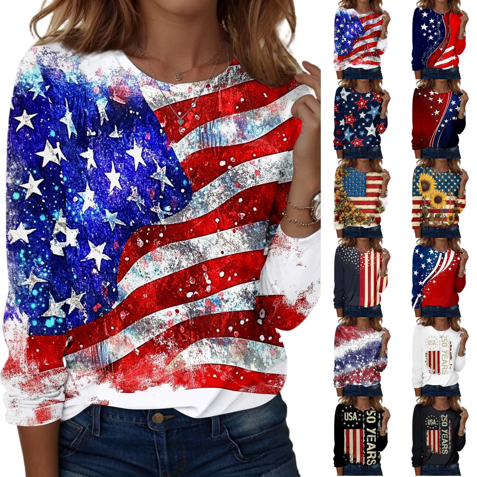 BByeadc Patriotic Shirts for Women Long Sleeve Tops Crew Neck 4Th of ...