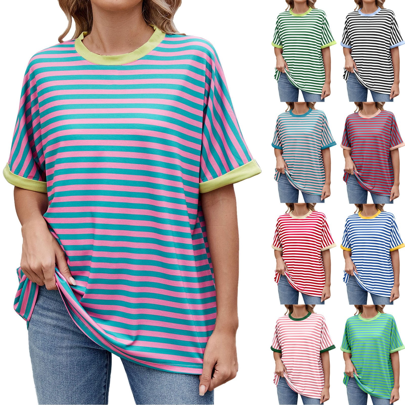 BByeadc Summer Shirt for Womens Striped T Shirts Contrast Trim Cuffed ...