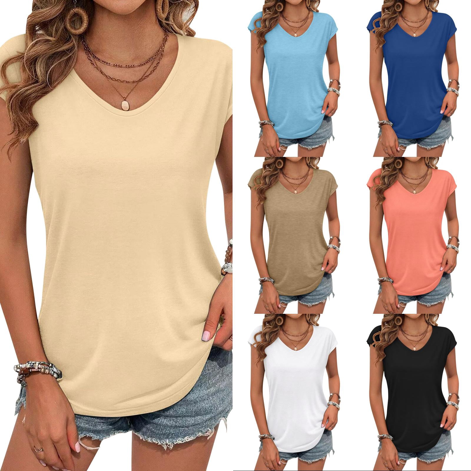 BByeadc Summer Shirt for women V Neck Cap Sleeve T Shirt Summer Basic ...
