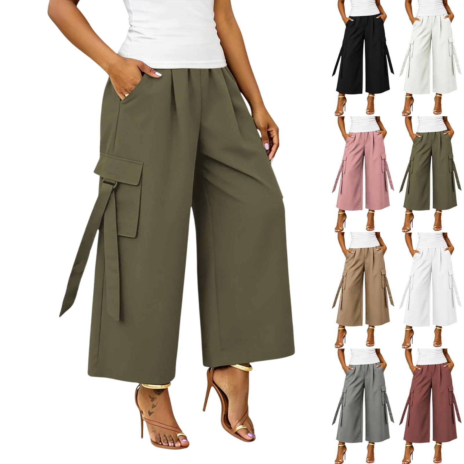 BByeadc Women's Cargo Capri Pants High Waisted Wide Leg 3/4 Sweatpants ...