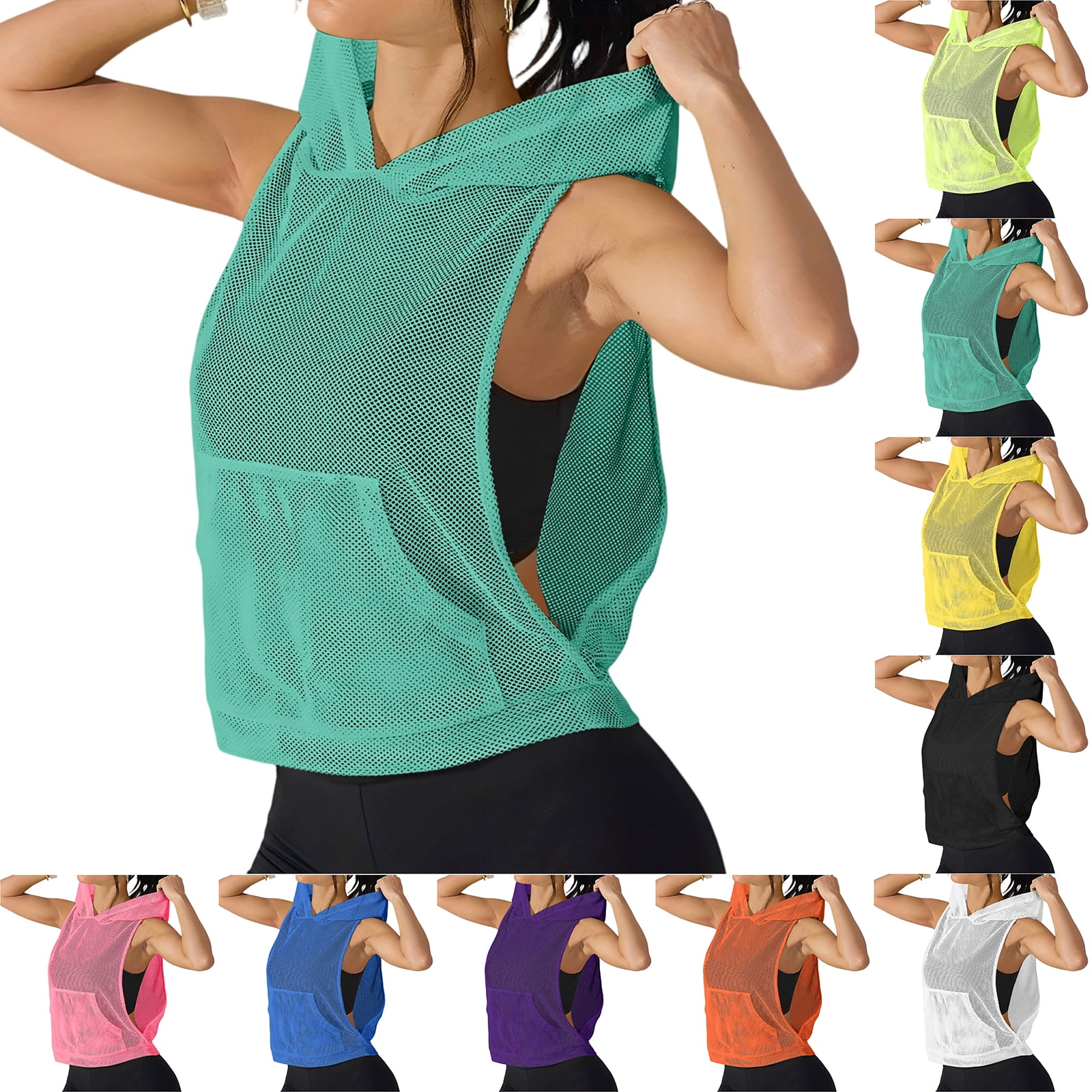 BByeadc Women's Tank Top Hoodies Mesh See Through Workout Tank Tops ...