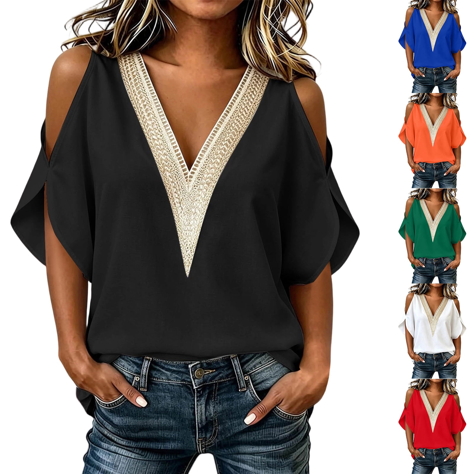 BByeadc Womens Blouse Dressy Casual Lace Trim V Neck Cold Shoulder ...