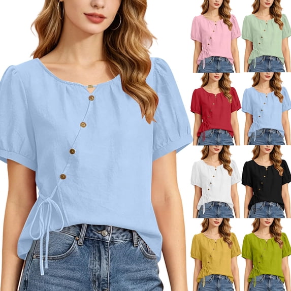 BByeadc Womens Plus Size Blouse Side Tie Y2K Cute Button Trim Crewneck ...