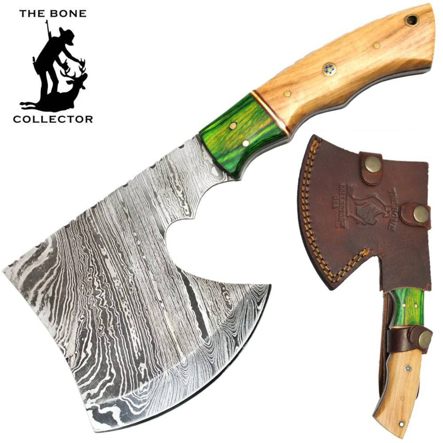 BC AXDB-34A 10" Damascus Blade Bone Collector Green Wood Handle Axe ...