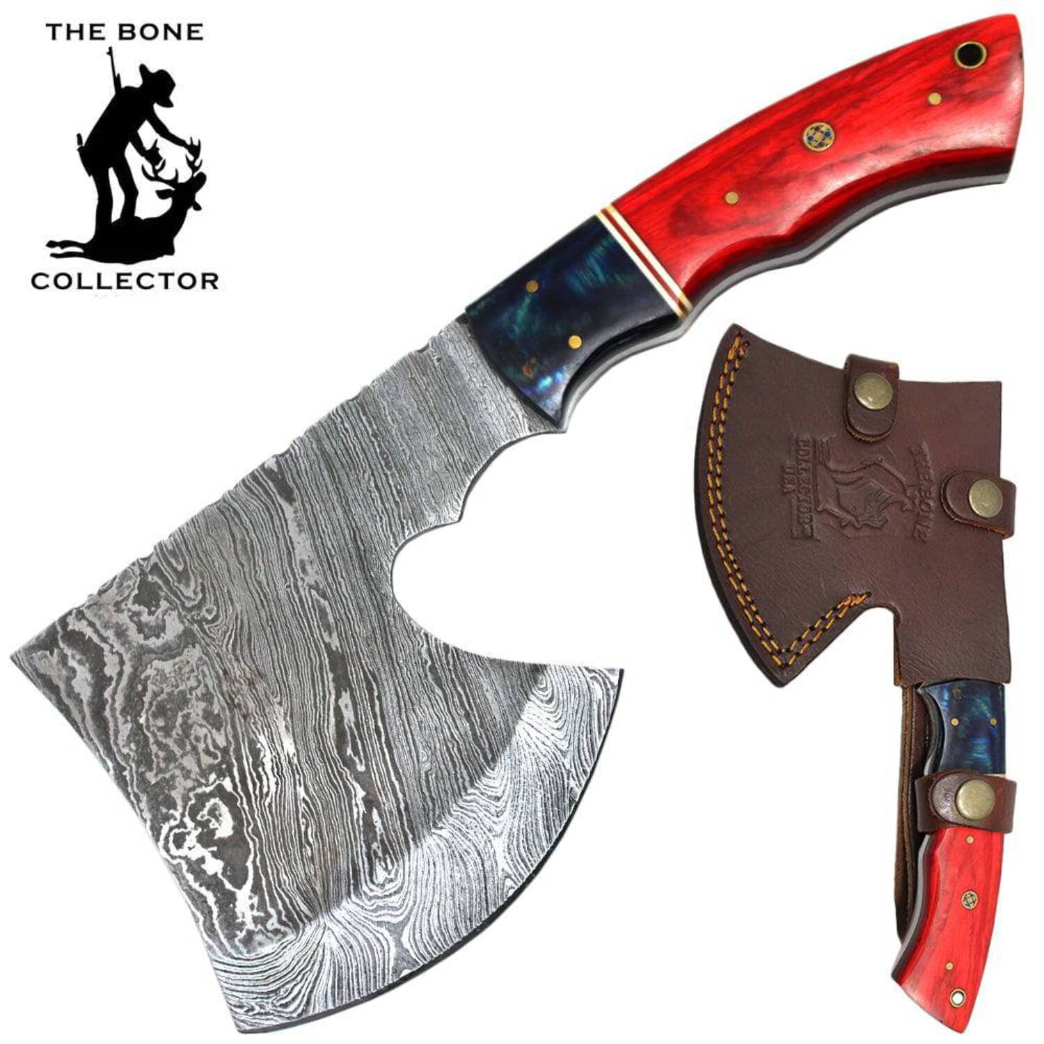BC AXDB-34C 10" Damascus Blade Bone Collector Red Blue Wood Handle Axe ...