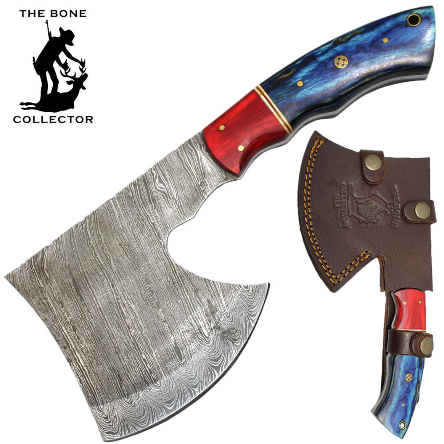 BC AXDB-34D 10" Damascus Blade Bone Collector Blue Red Wood Handle Axe ...