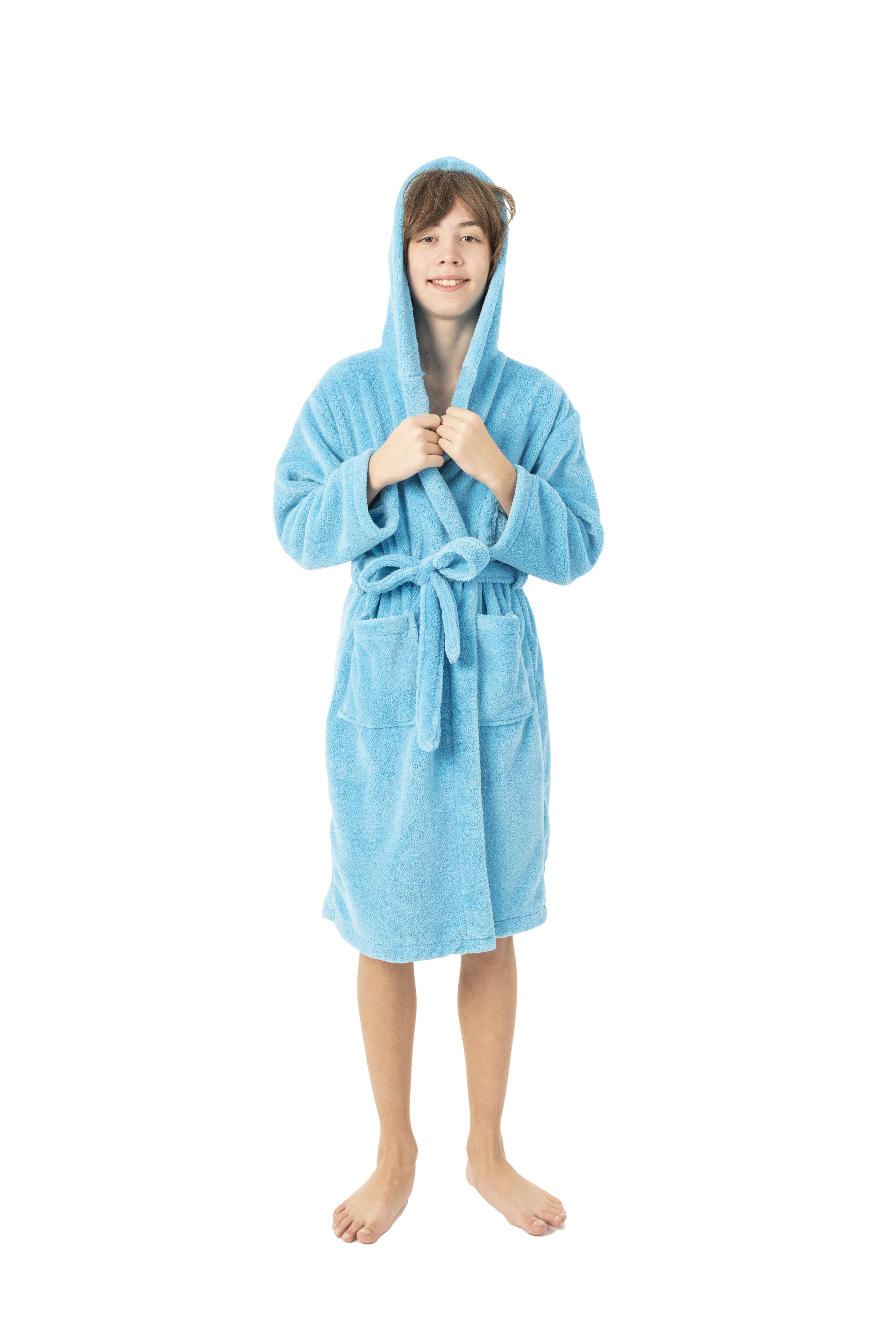 BC BARE COTTON Kids Microfiber Fleece Hooded Robe - Boys - Turquoise ...