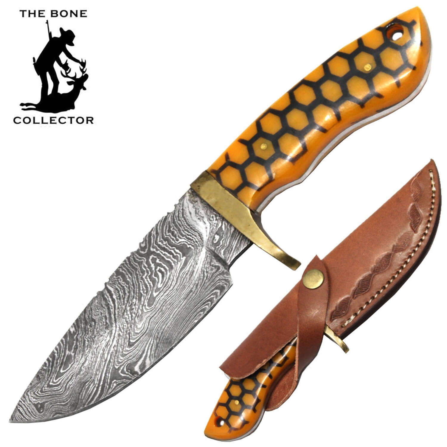 BC HKDB-56 9" Bone Collector Yellow Honeycomb Handle Damascus Blade ...