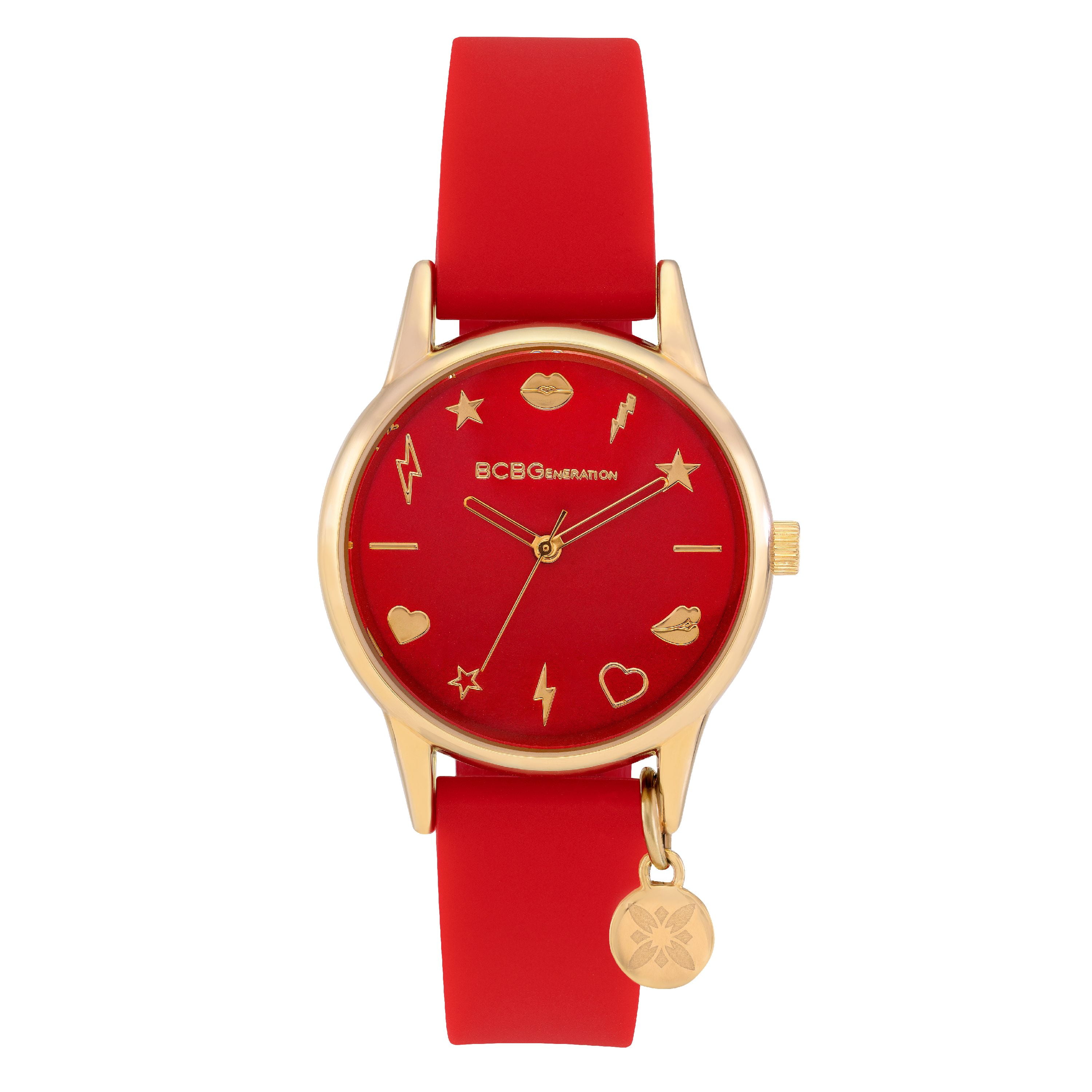 BCBGeneration Ladies Analog 3 Hands Goldtone Case Red Dial Red Strap ...