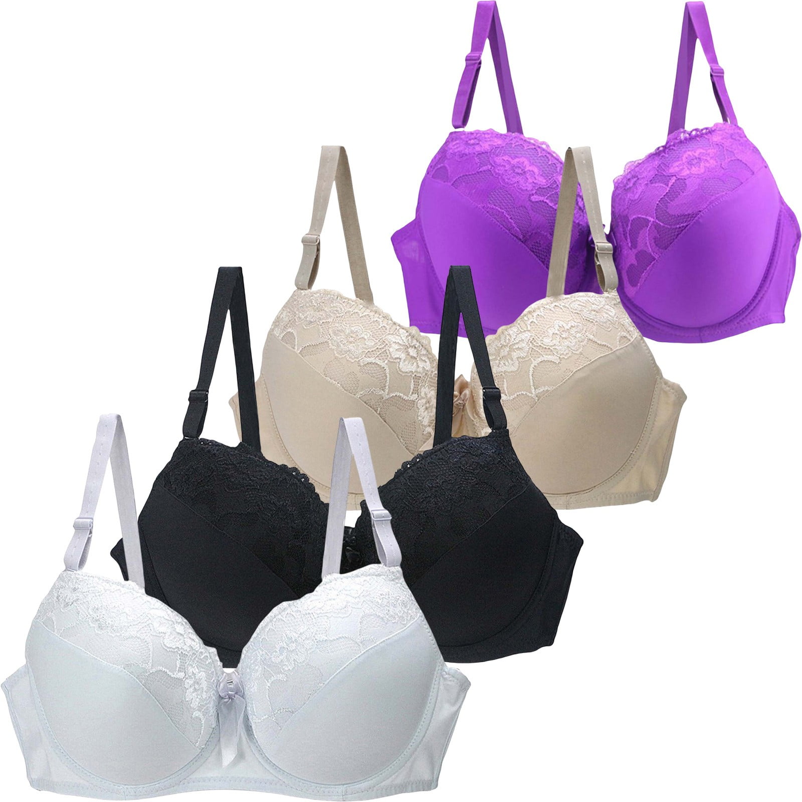BCDE Cup Lace Bra for Lingerie Plus Size - 4PC Wireless Set, Black 100E ...