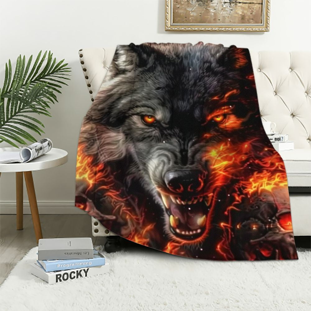 BCIIG 3D Howling Wolf Blanket Fleece Sherpa Blanket,Fire Skull Goth ...