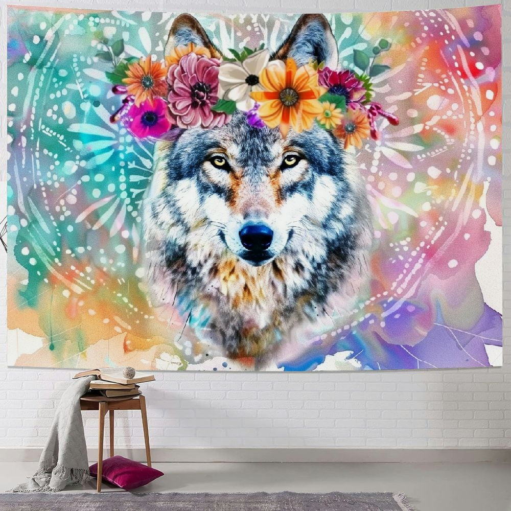 BCIIG Aesthetic Boho Wolf Tapestries Lotus Tie Die Cool Mandala Flower ...