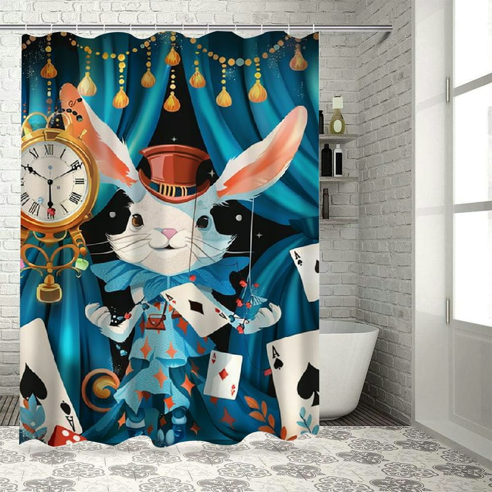 Bciig Alice In Wonderland Shower Curtain Rabbit Motion Cups Hearts And