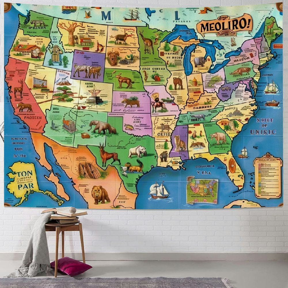 BCIIG America Map Tapestry Map of World Vintage Fruit Animal Classroom ...