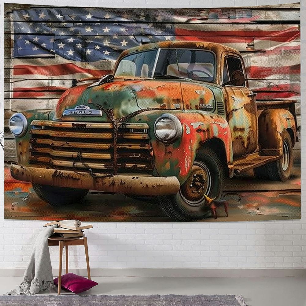 BCIIG American Flag Tapestry, Aesthetic American Flag Vintage Old Truck ...