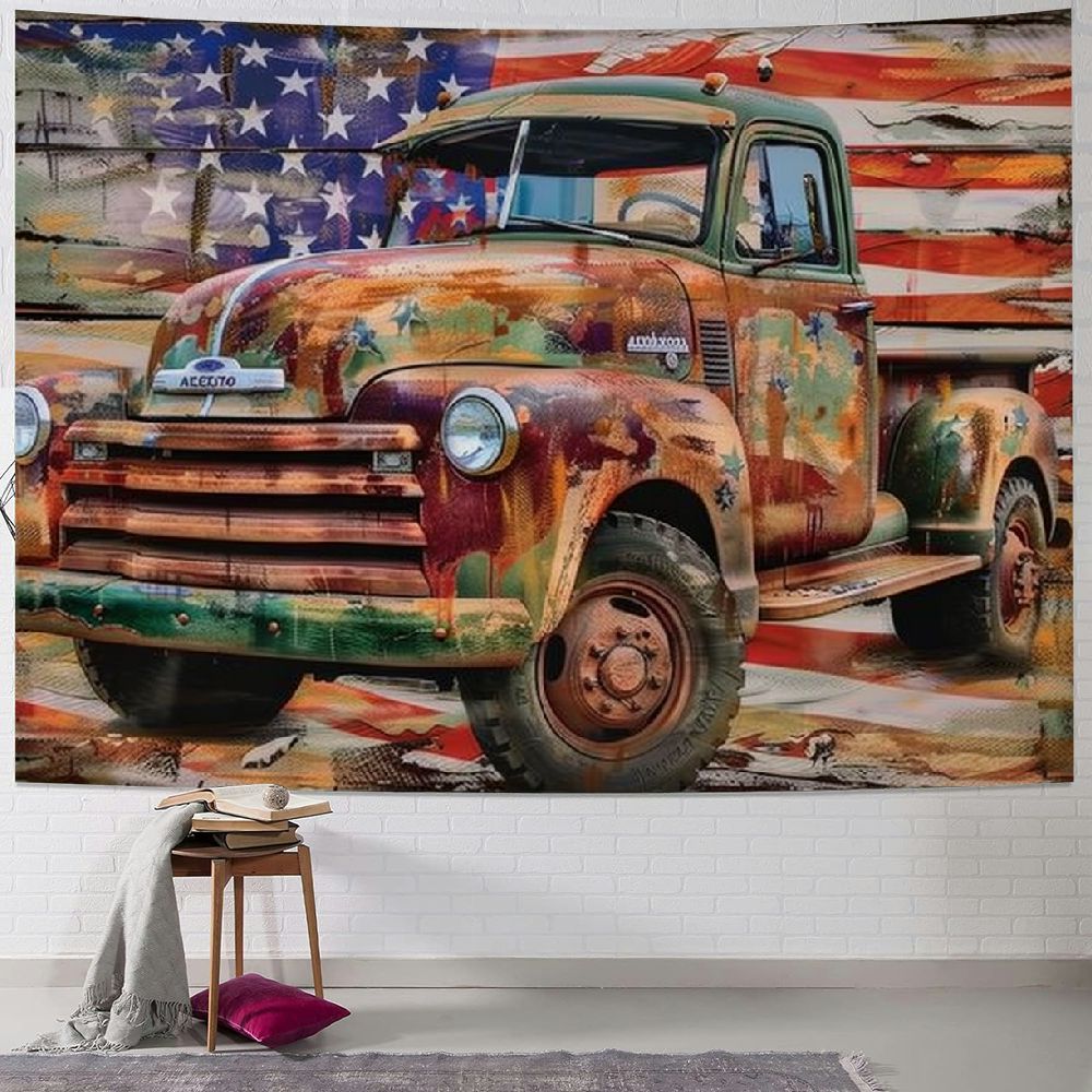BCIIG American Flag Tapestry, Aesthetic American Flag Vintage Old Truck ...