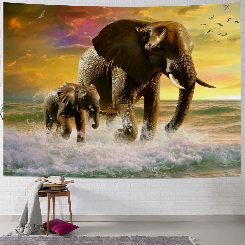 BCIIG Animal Theme Tapestry Safari Art, Africa Elephant and Baby ...